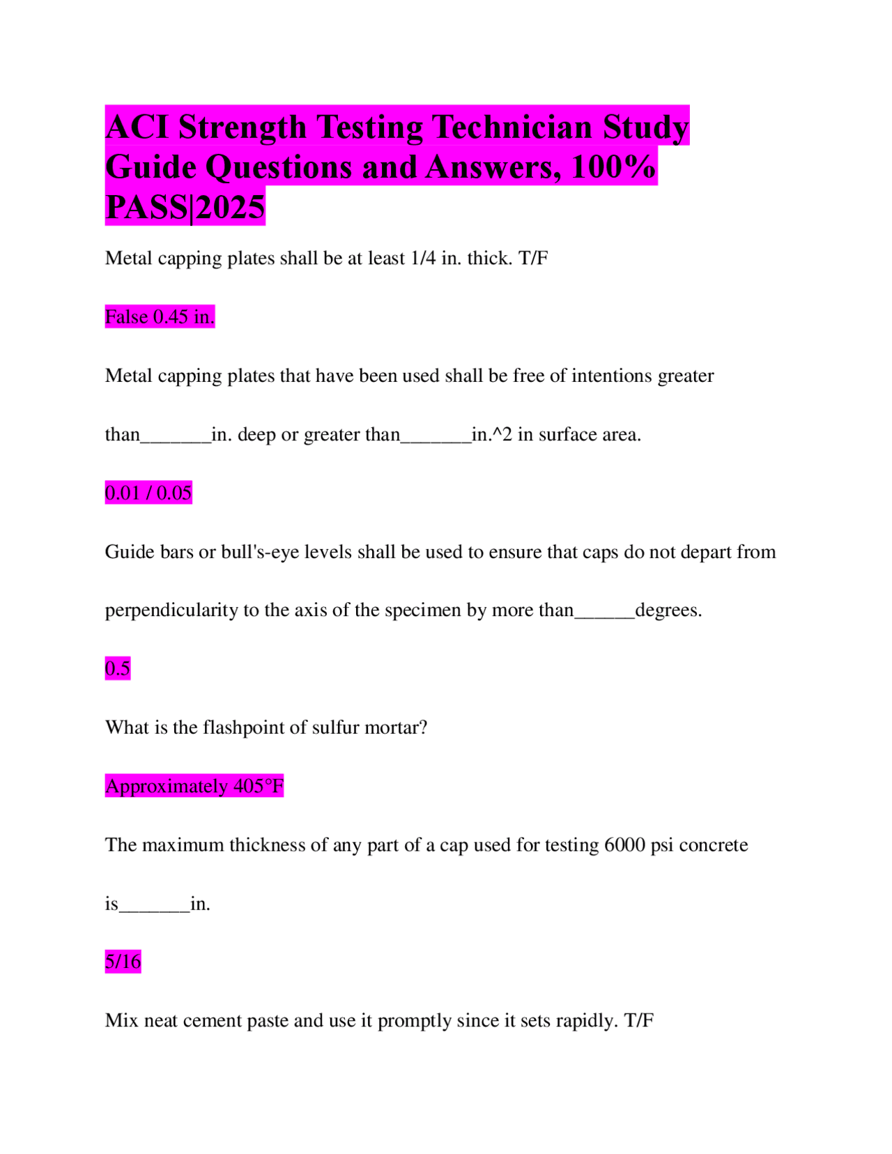 ACI Strength Testing Technician Study Guide Questions and Answers, 100% ...