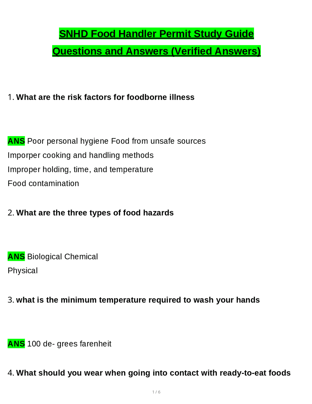 SNHD Food Handler Permit Study Guide tested questions with revised ...