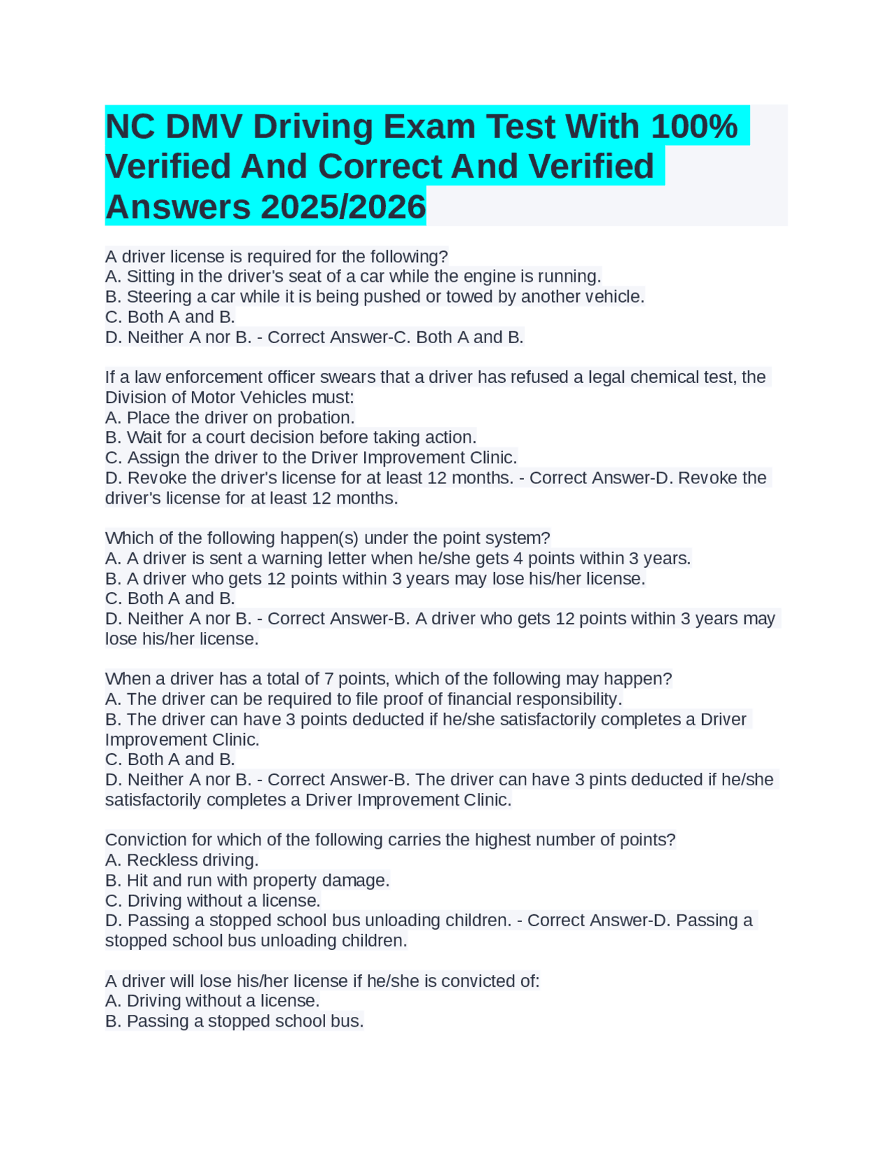 NC DMV Driving Exam Test With 100% Verified And Correct And Verified ...