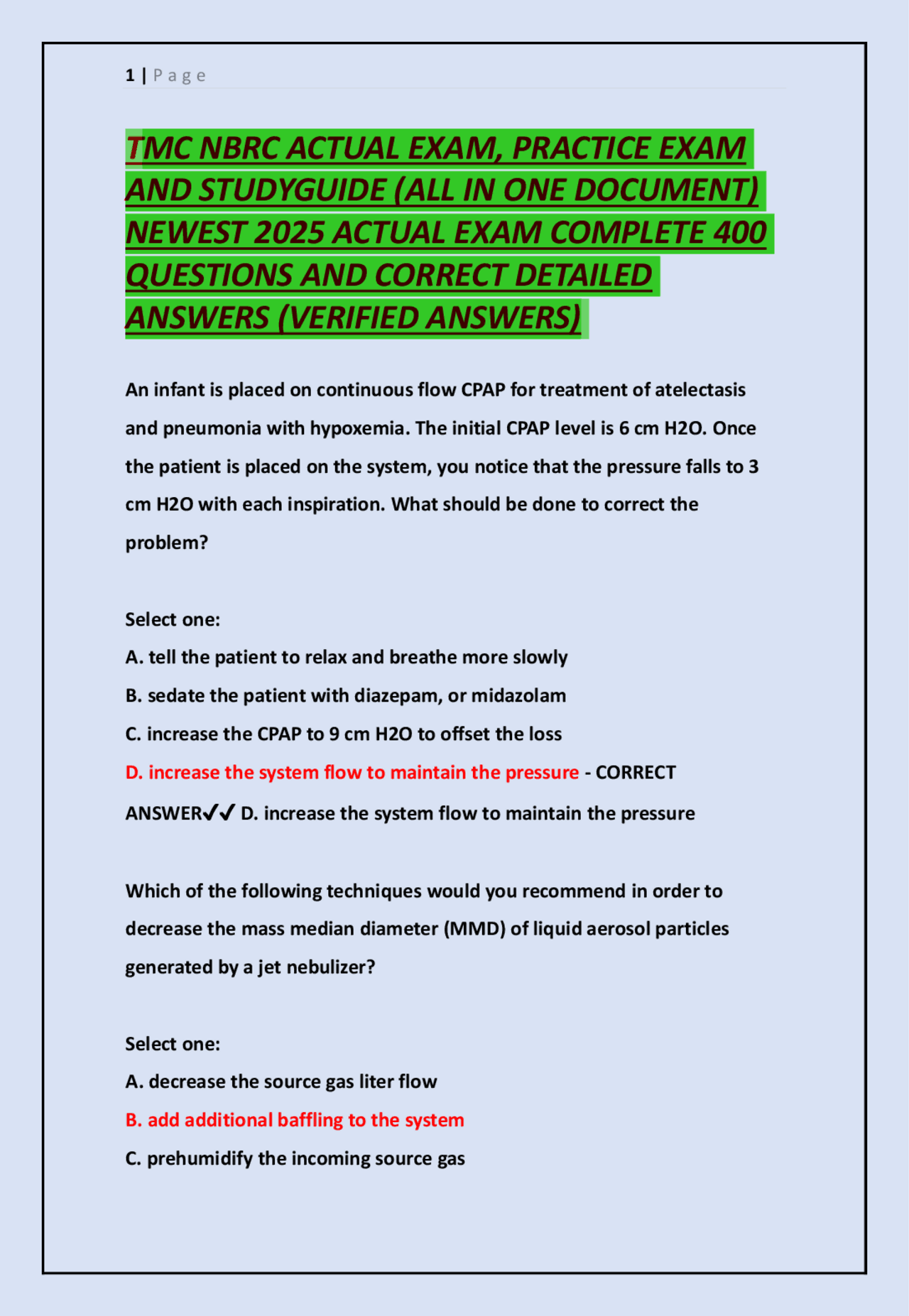 TMC NBRC ACTUAL EXAM, PRACTICE EXAM AND STUDYGUIDE (ALL IN ONE DOCUMENT ...