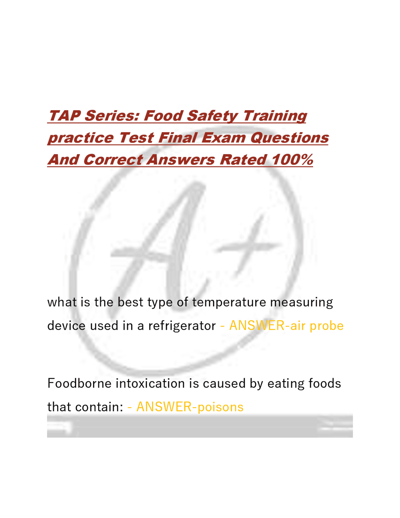 TAP Series: Food Safety Training practice Test Final Exam Questions And ...