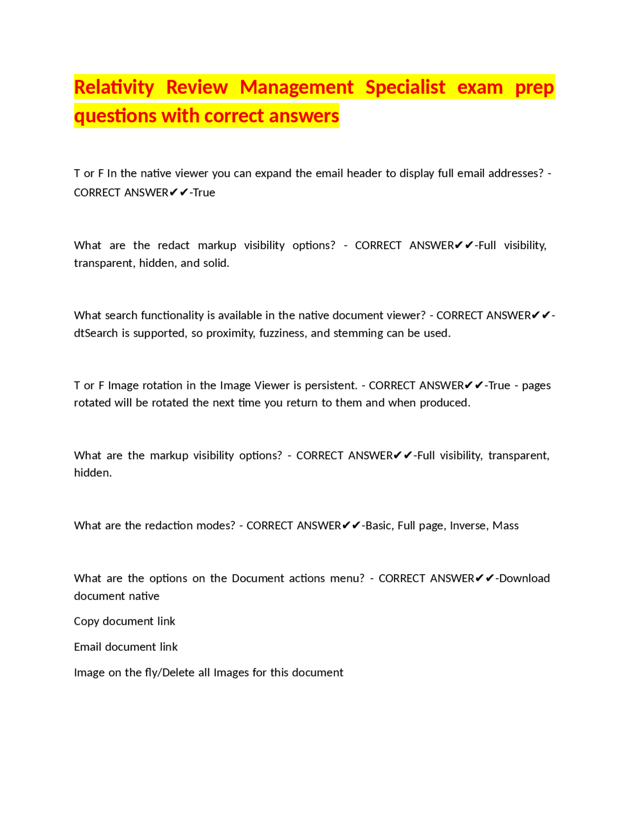 Relativity Review Management Specialist exam prep questions with ...