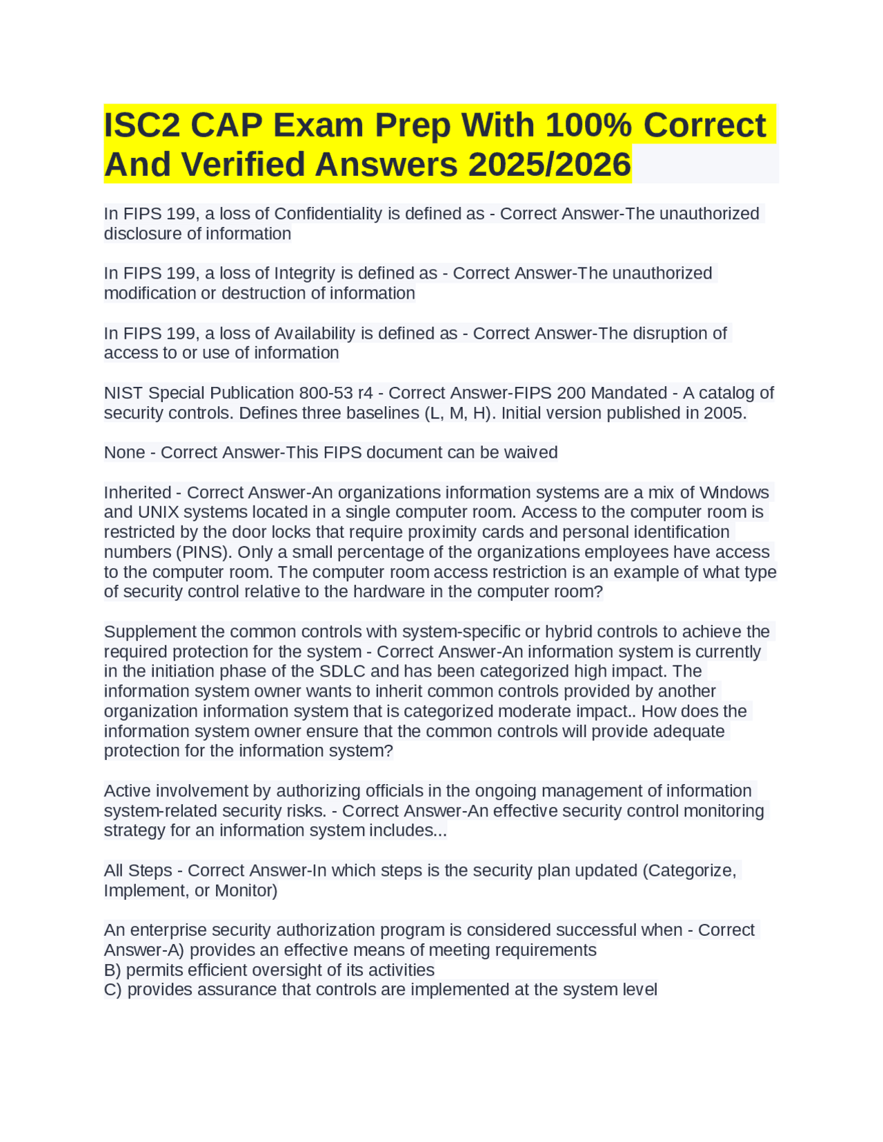 ISC2 CAP Exam Prep With 100% Correct And Verified Answers 2025/2026 ...