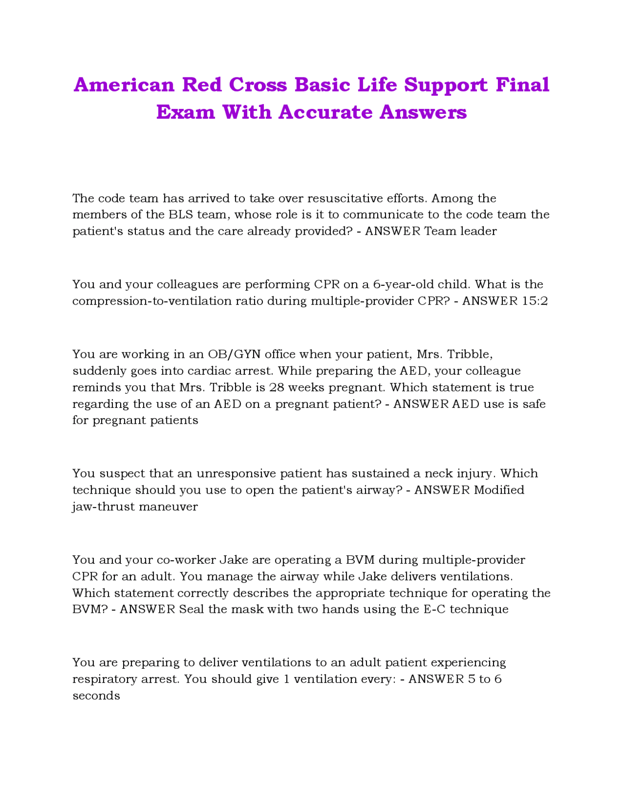 American Red Cross Basic Life Support Final Exam With Accurate Answers ...