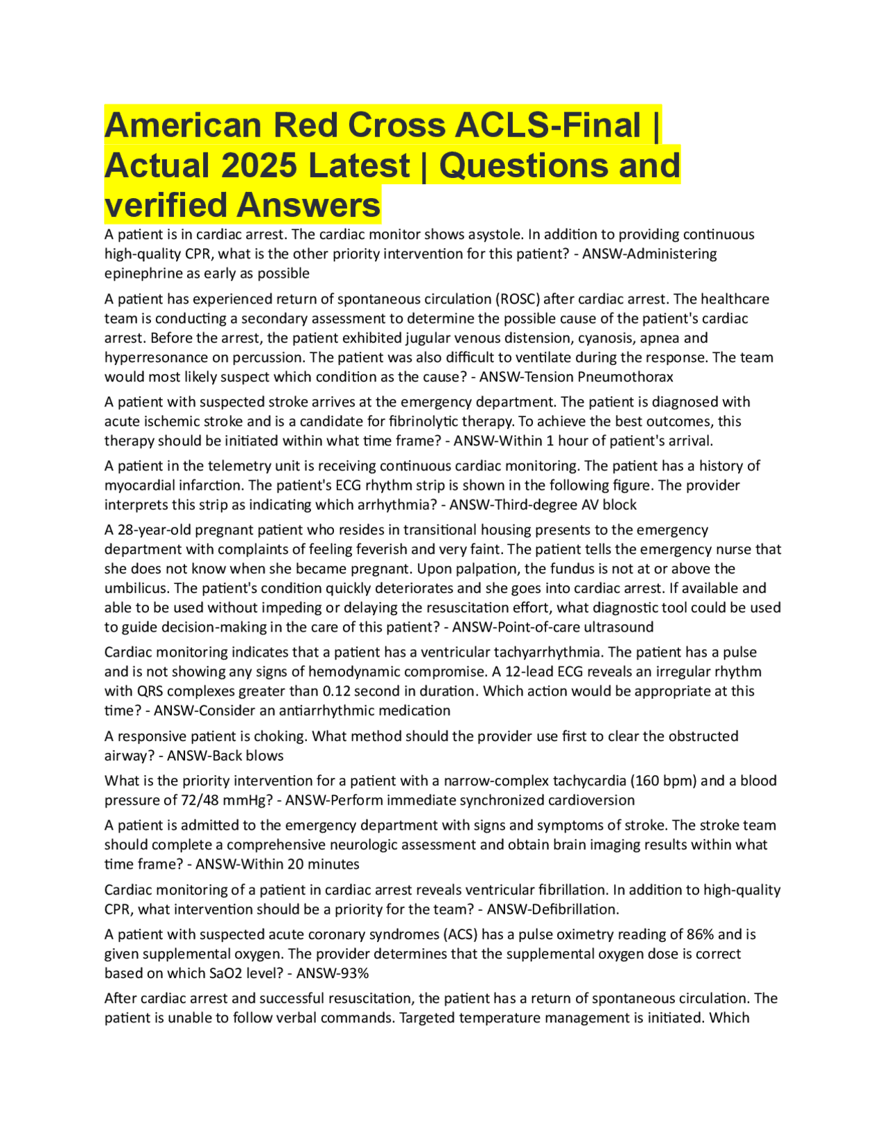 American Red Cross ACLS-Final | Actual 2025 Latest | Questions and ...