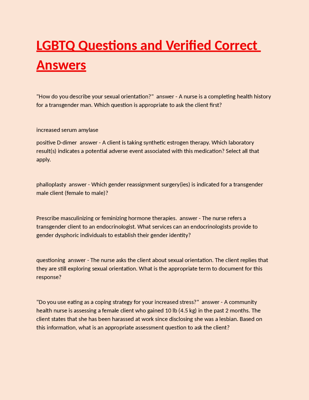 LGBTQ Questions and Verified Correct Answers | Exams Nursing | Docsity