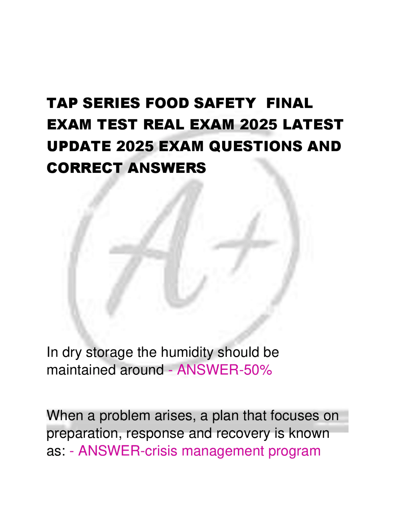 TAP SERIES FOOD SAFETY FINAL EXAM TEST REAL EXAM 2025 LATEST UPDATE ...