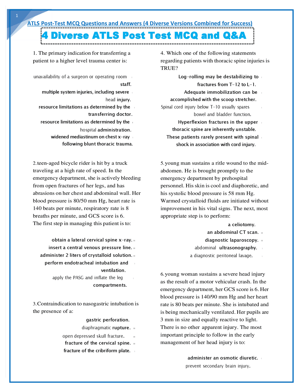 ATLS Post-Test: MCQ Questions and Answers (4 Diverse Versions Combined ...