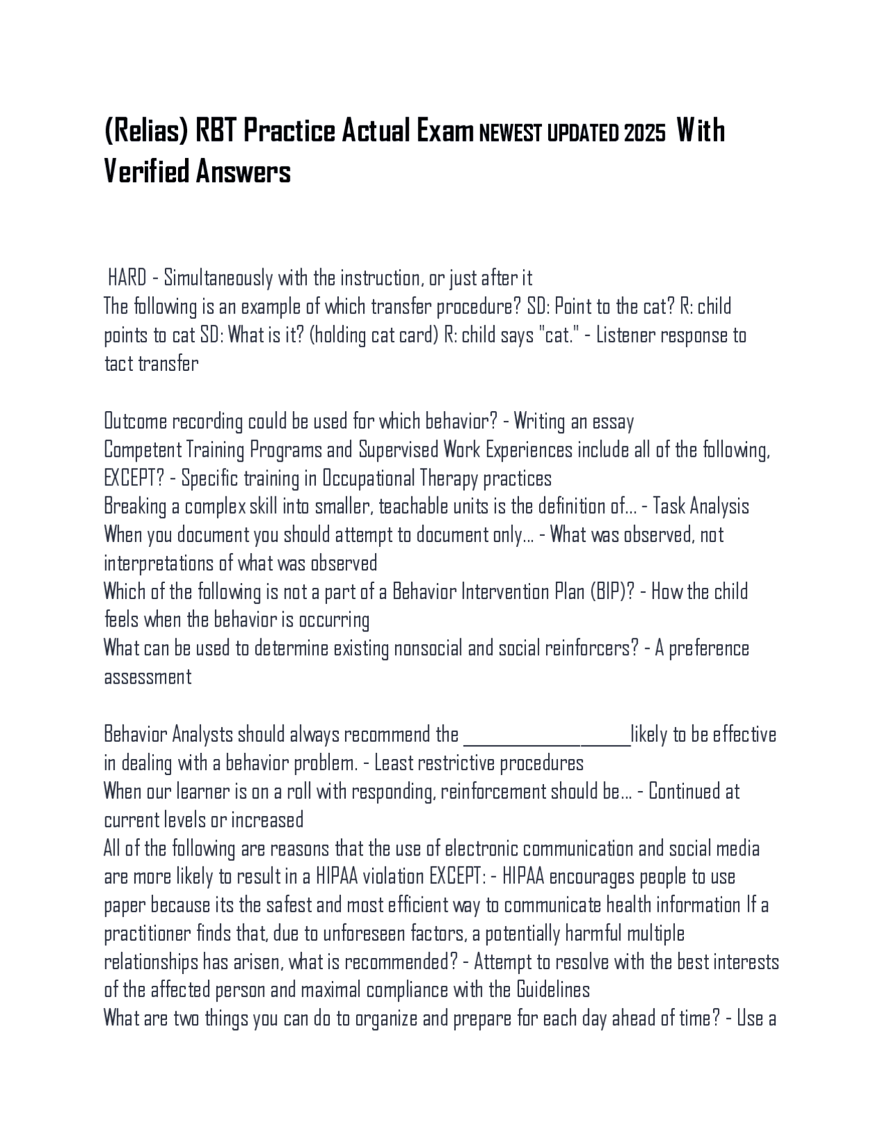 (Relias) RBT Practice Actual Exam NEWEST UPDATED 2025 With Verified ...