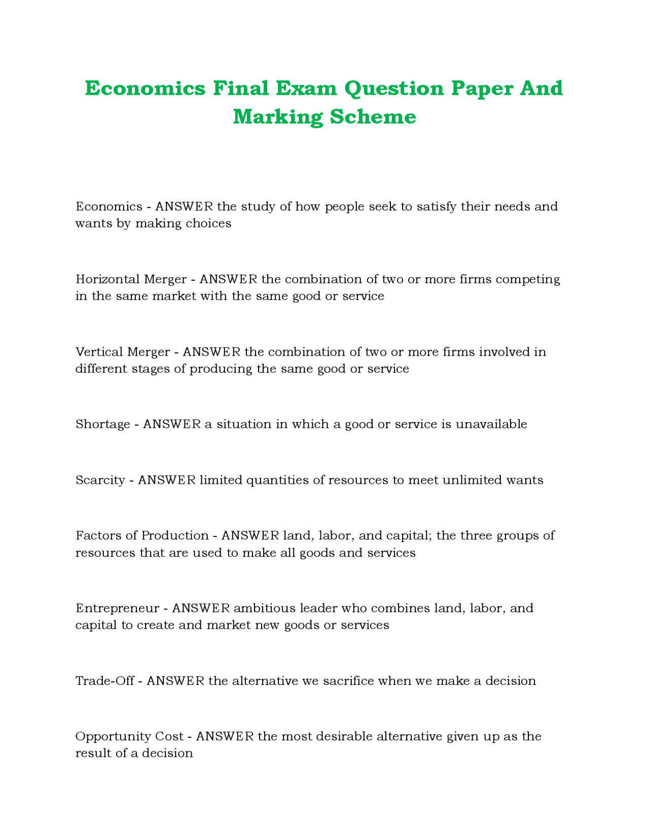 Economics Final Exam Question Paper And Marking Scheme | Exams ...