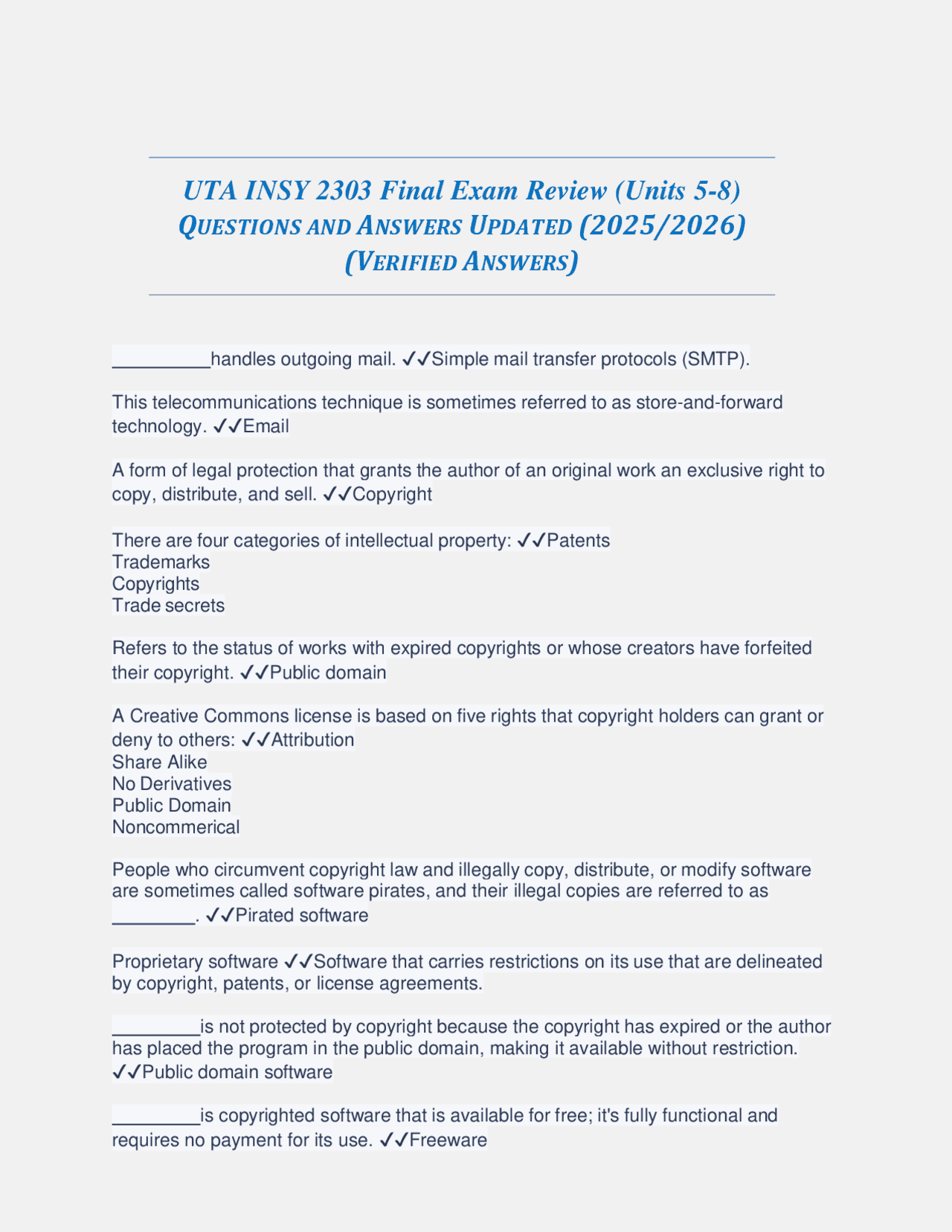 UTA INSY 2303 Final Exam Review (Units 5-8) QUESTIONS AND ANSWERS UPDATED (2025/2026) | Exams ...