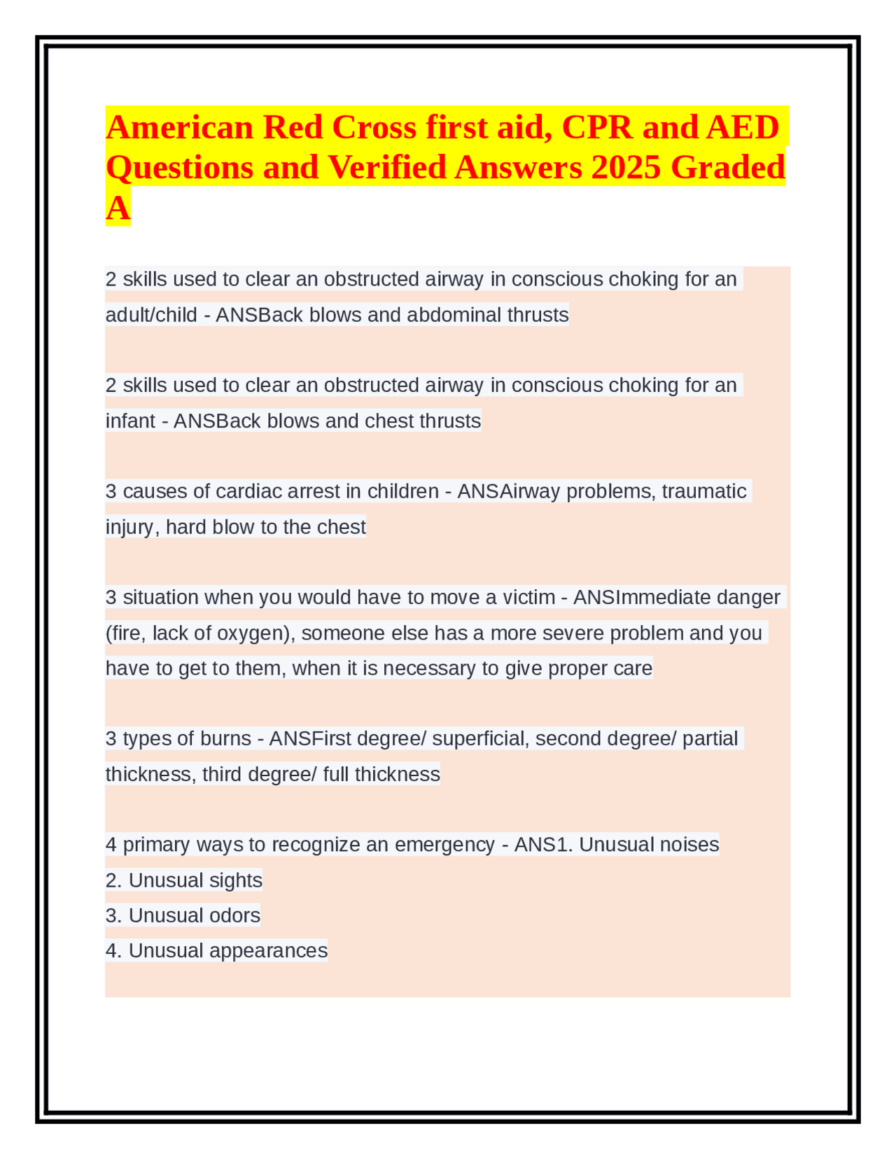 American Red Cross first aid, CPR and AED Questions & Answers 2025-2026 ...