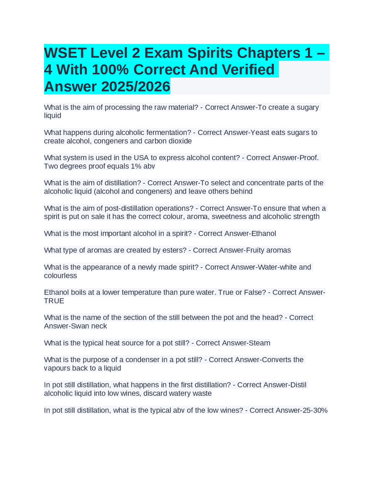 WSET Level 2 Exam Spirits Chapters 1 – 4 With 100% Correct And Verified ...