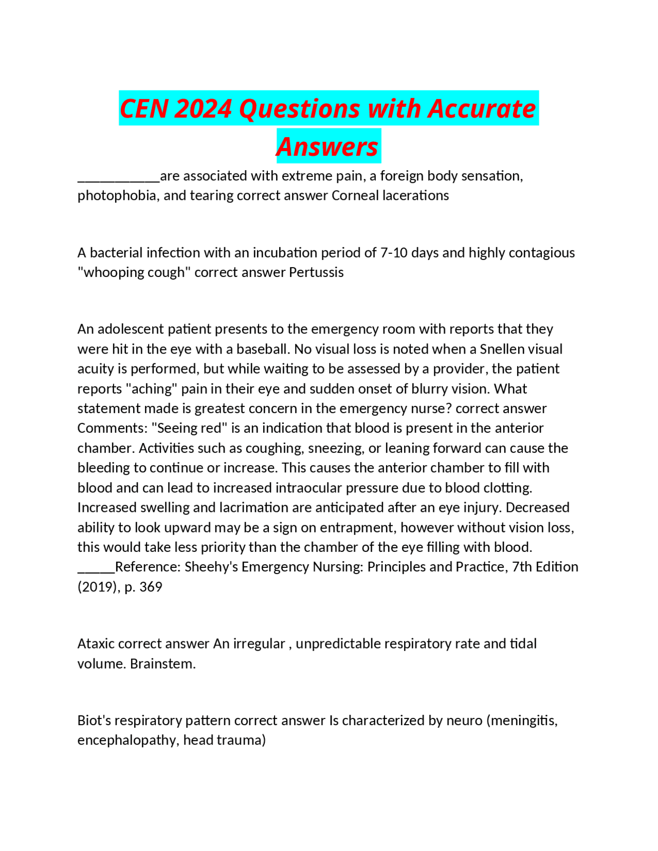CEN 2024 Questions with Accurate Answers | Exams Nursing | Docsity