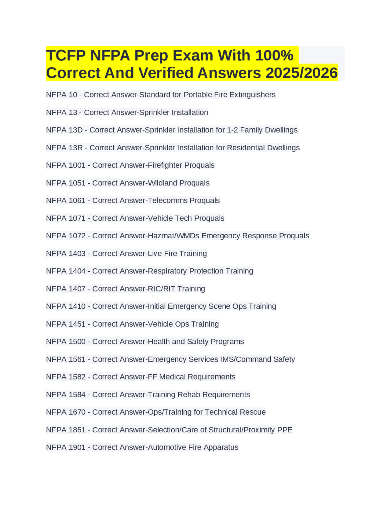 TCFP NFPA Prep Exam With 100% Correct And Verified Answers 2025/2026 ...