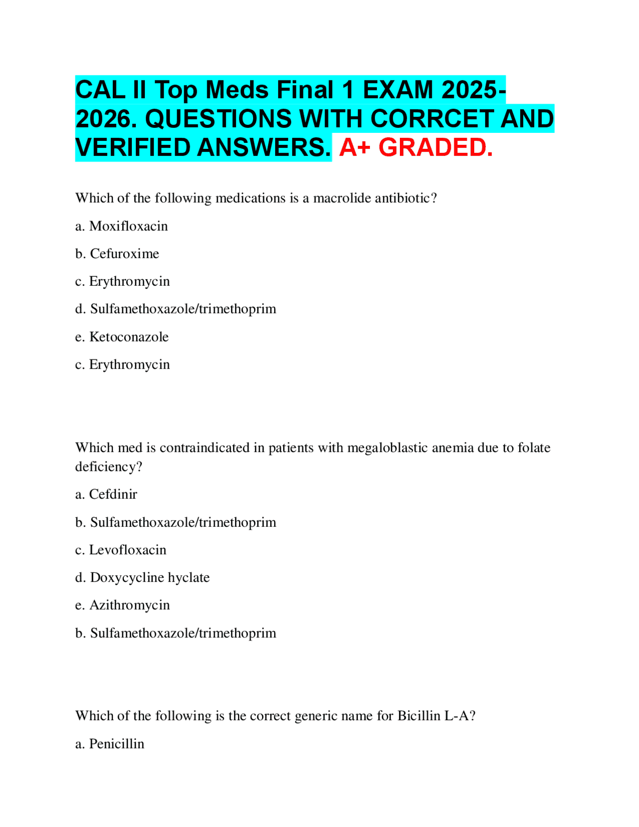 CAL II Top Meds Final 1 EXAM 2025 2026. QUESTIONS WITH CORRCET AND ...