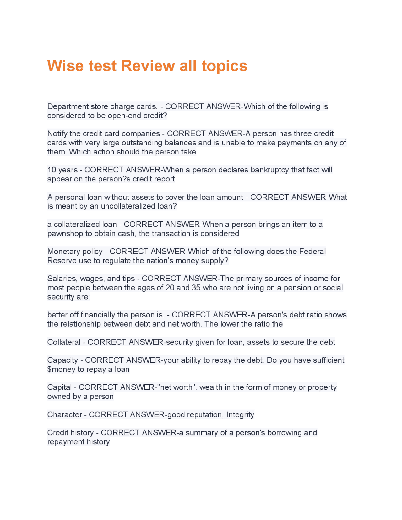Wise test Review all topics Questions and Answers Solved 100% | Exams ...