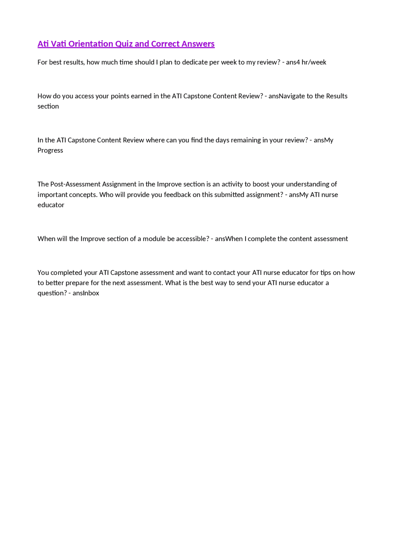 Ati Vati Orientation Quiz and Correct Answers.odt | Exercises Nursing ...