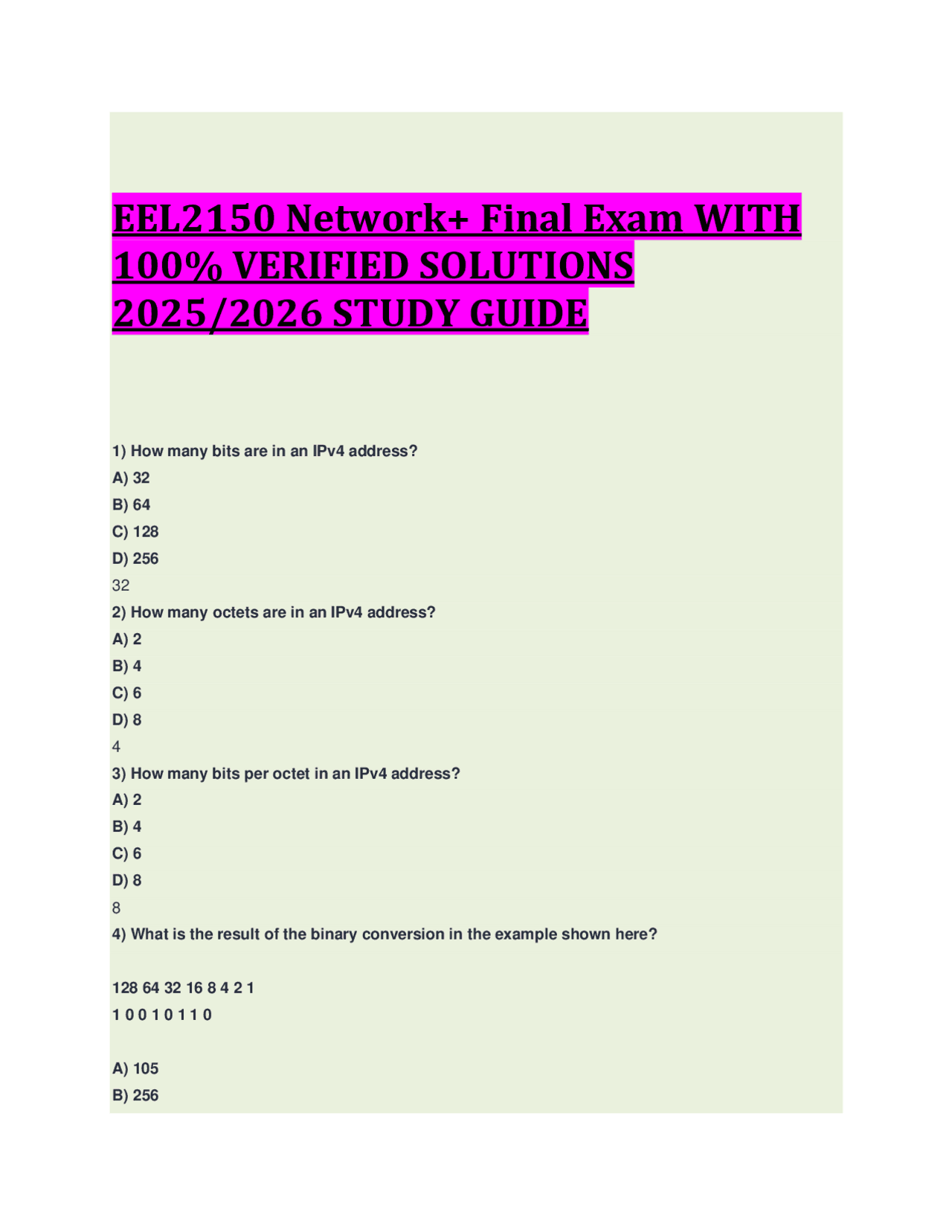 Network+ Certification Final Exam Study Guide 2025/2026 | Exams ...