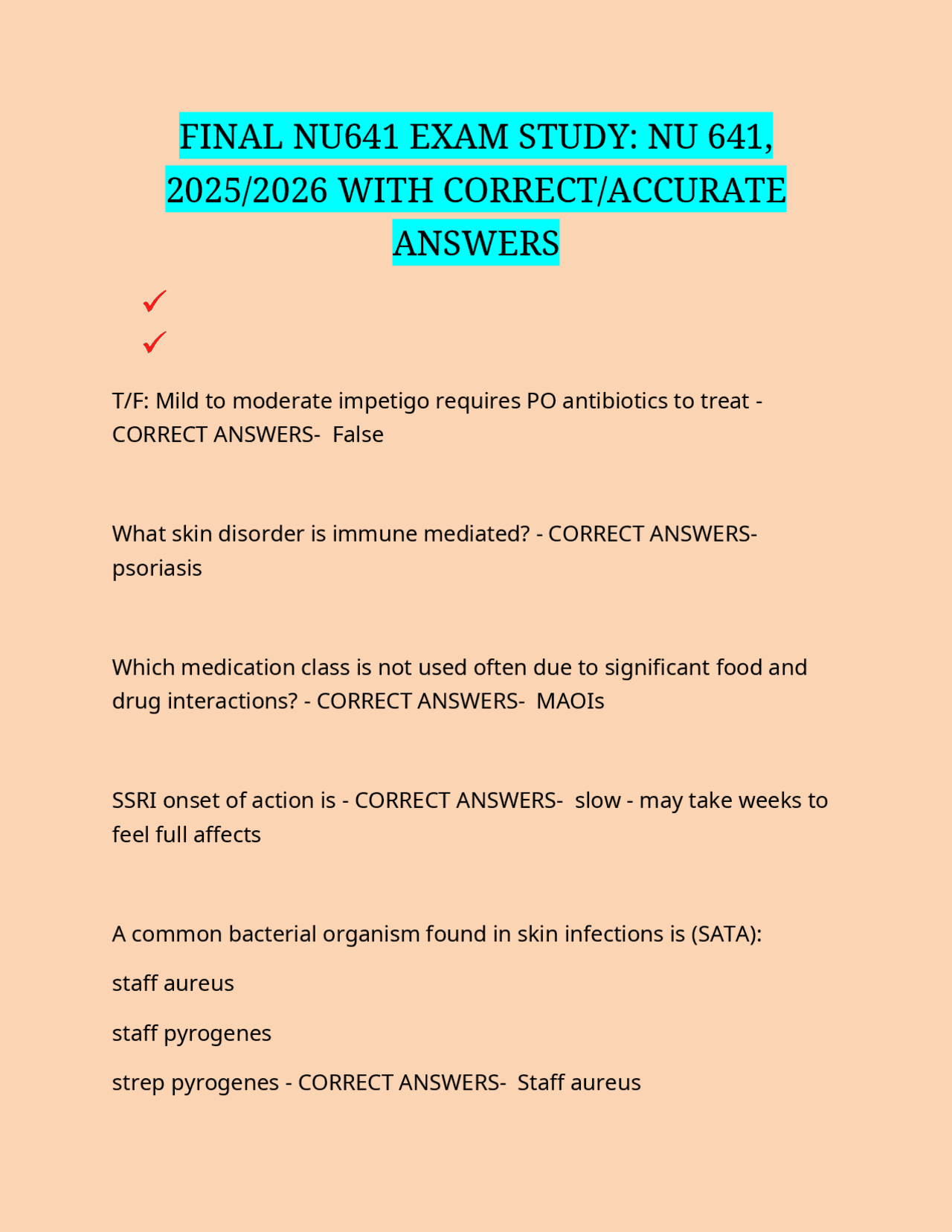 FINAL NU641 EXAM STUDY: NU 641, 2025/2026 WITH CORRECT/ACCURATE ANSWERS ...