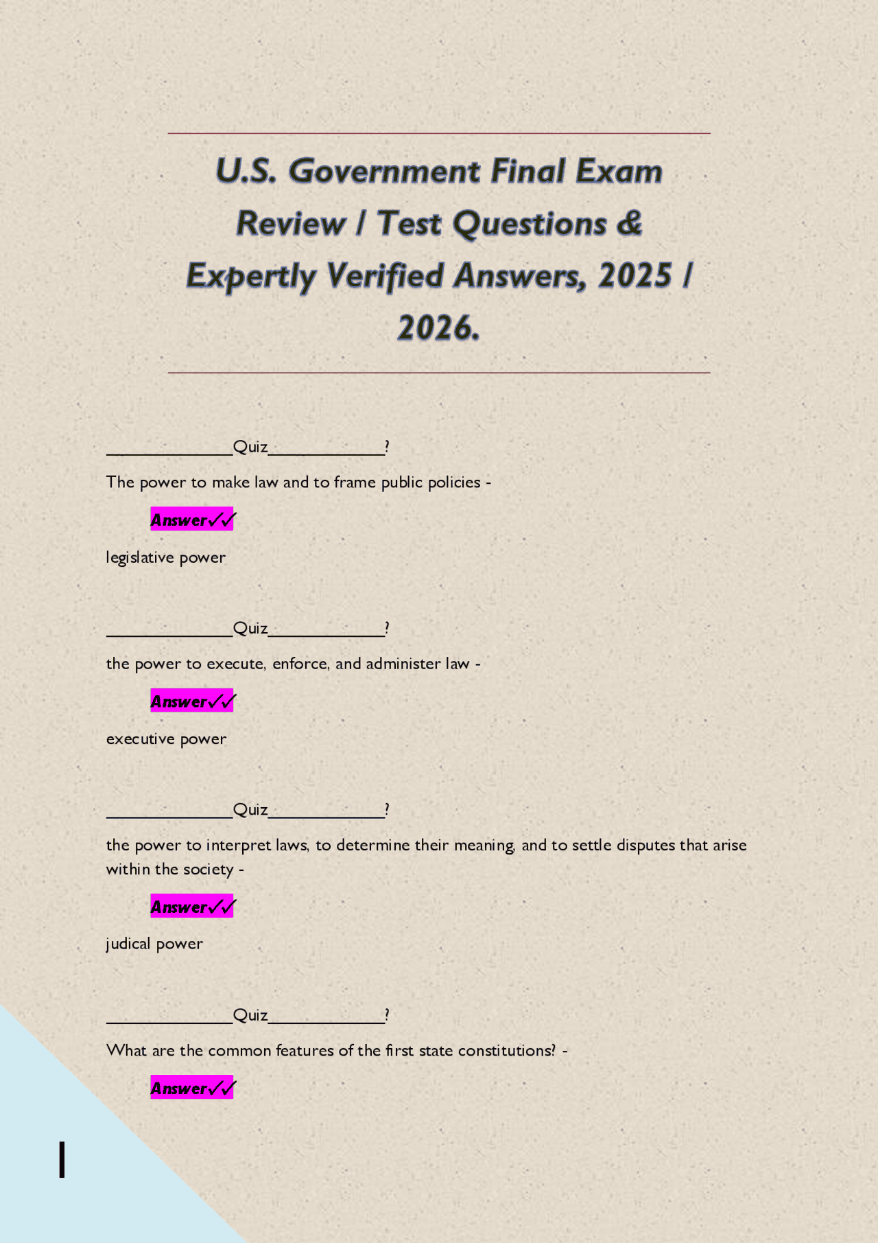 U.S. Government Final Exam Review / Test Questions & Expertly Verified ...
