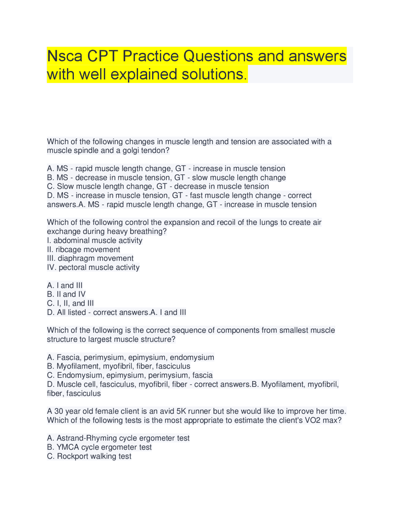 Nsca CPT Practice Questions and answers with well explained solutions ...