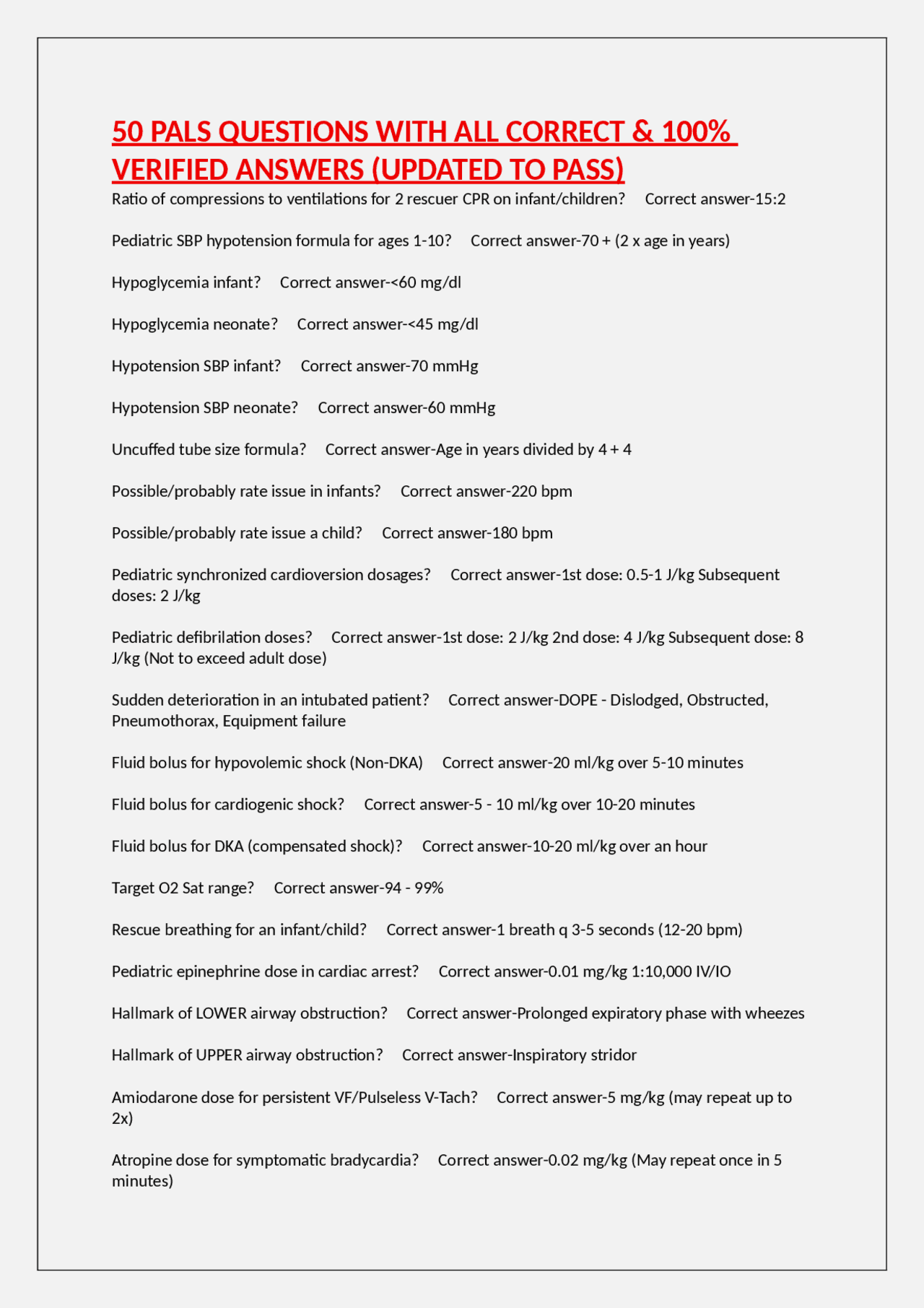 50 PALS QUESTIONS WITH ALL CORRECT & 100% VERIFIED ANSWERS (UPDATED TO ...