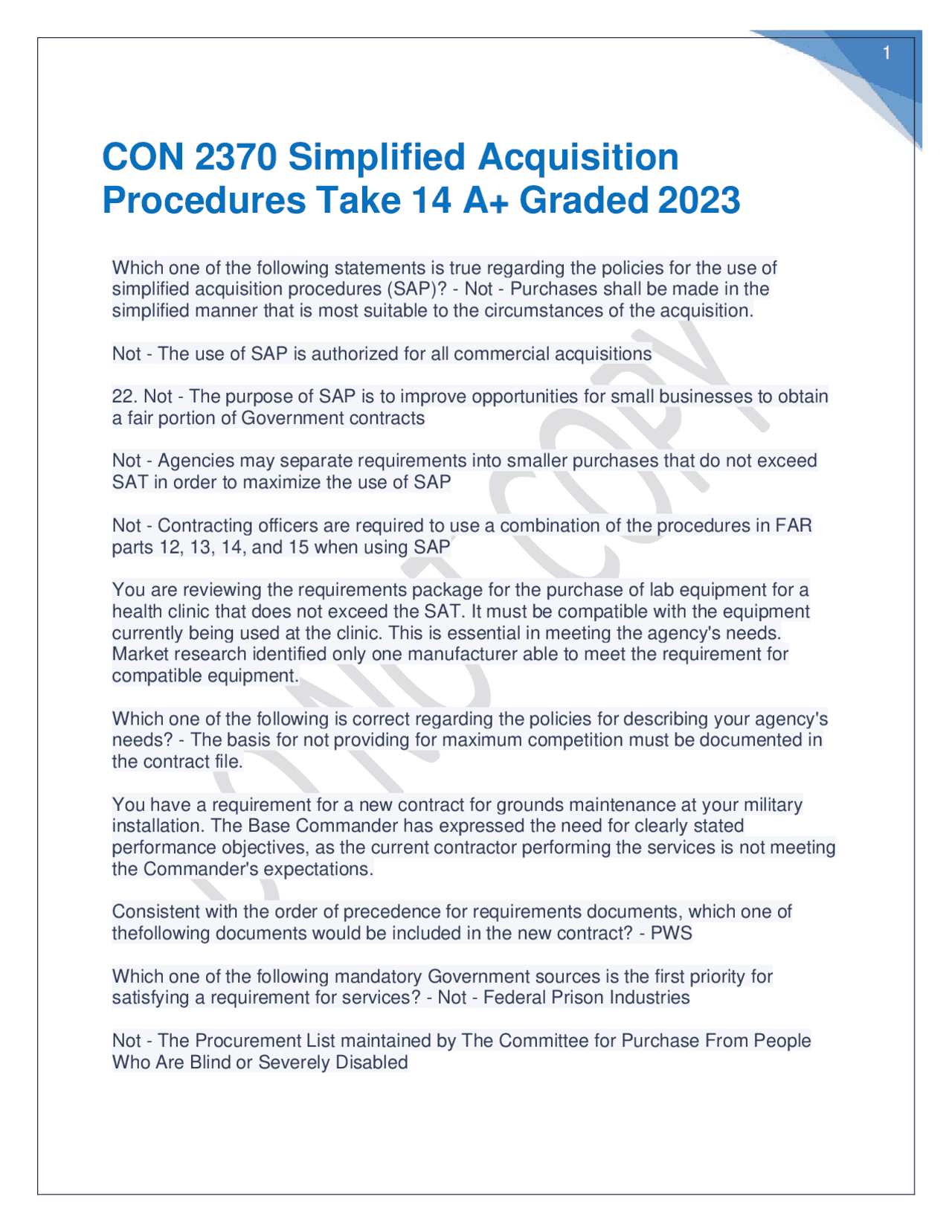 CON 2370 Simplified Acquisition Procedures | Exams Nursing | Docsity