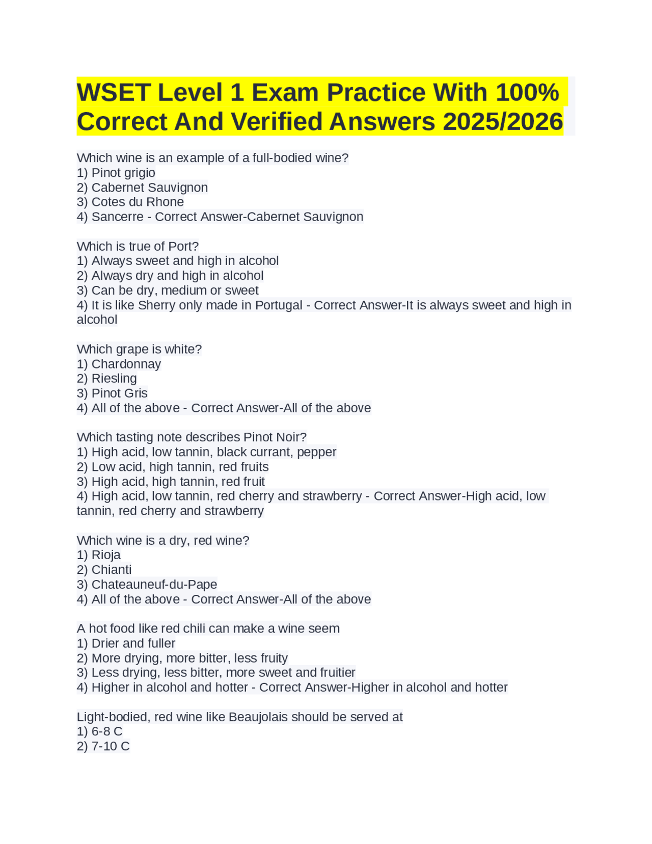 WSET Level 1 Exam Practice With 100% Correct And Verified Answers 2025/ ...