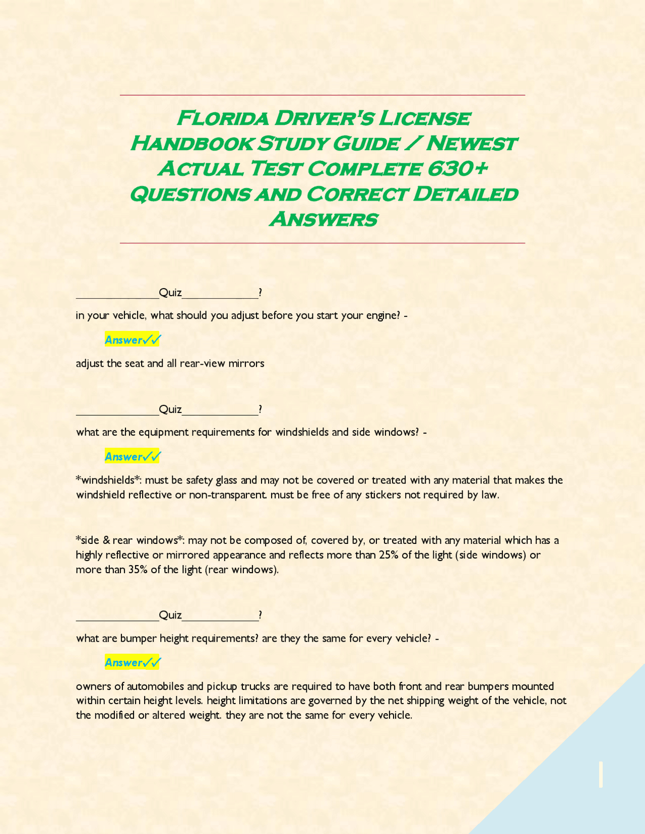 Florida Driver's License Handbook Study Guide / Newest Actual Test ...