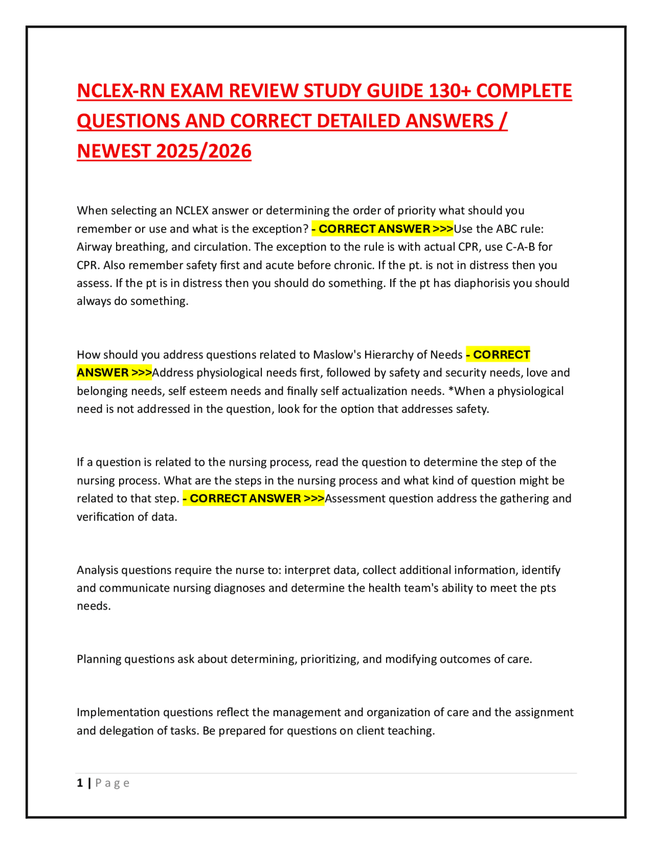 NCLEX-RN EXAM REVIEW STUDY GUIDE 130+ COMPLETE QUESTIONS AND CORRECT ...