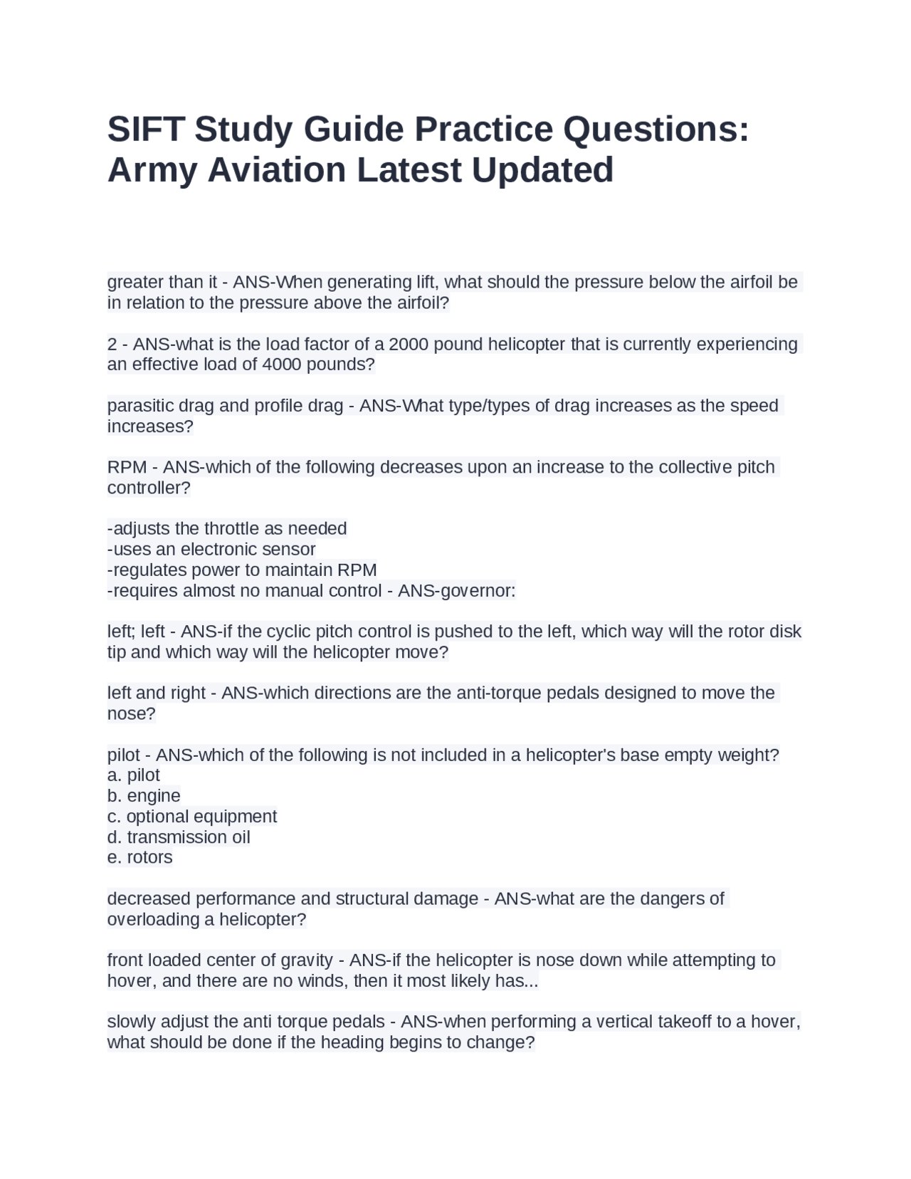 SIFT Study Guide Practice Questions Army Aviation Latest Updated ...