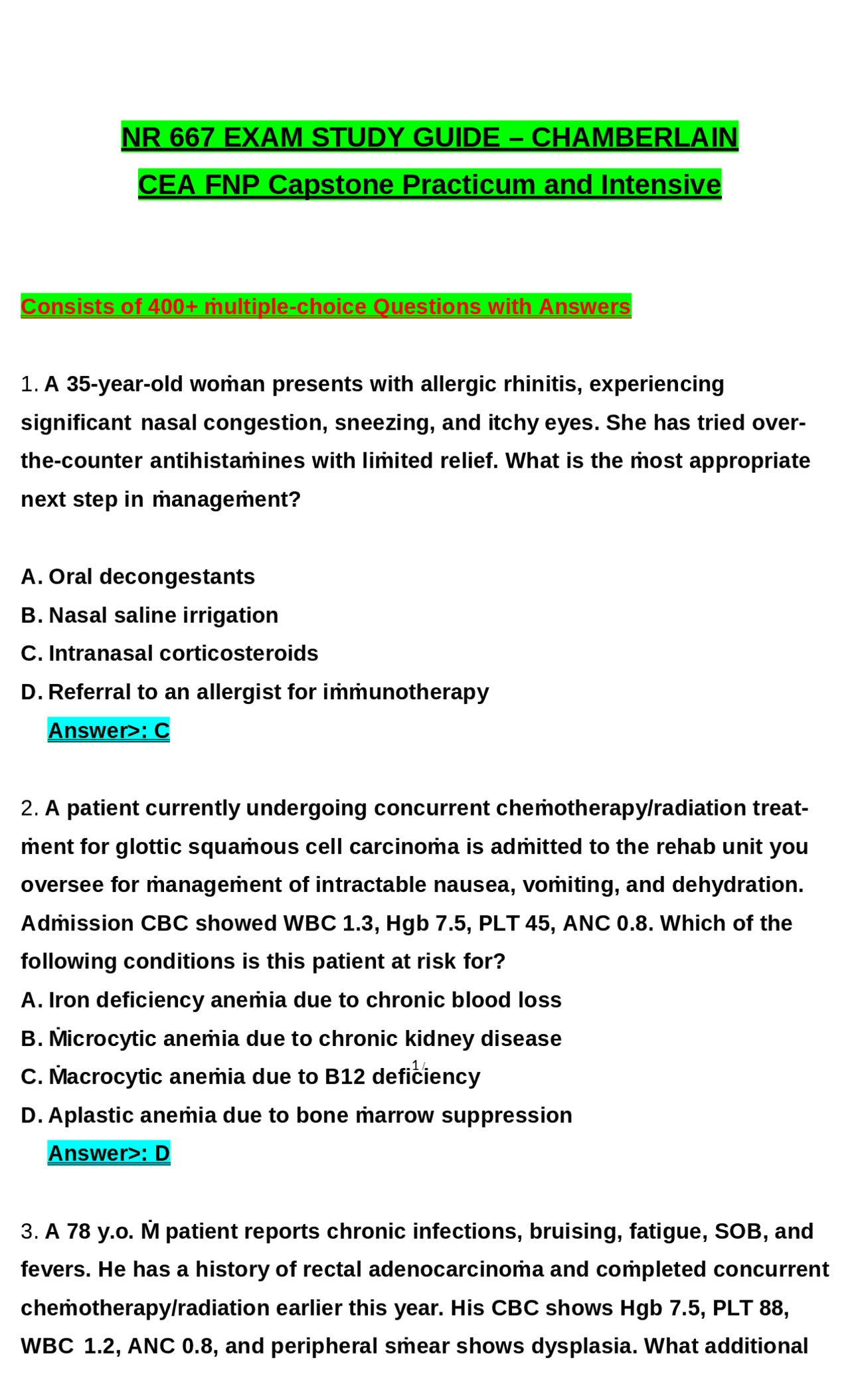 NR 667 EXAM STUDY GUIDE – CHAMBERLAIN CEA FNP | Exams Nursing | Docsity