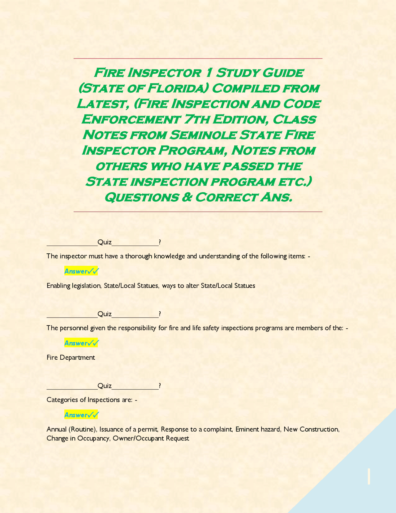 Fire Inspector 1 Study Guide (State of Florida) Compiled from Latest ...