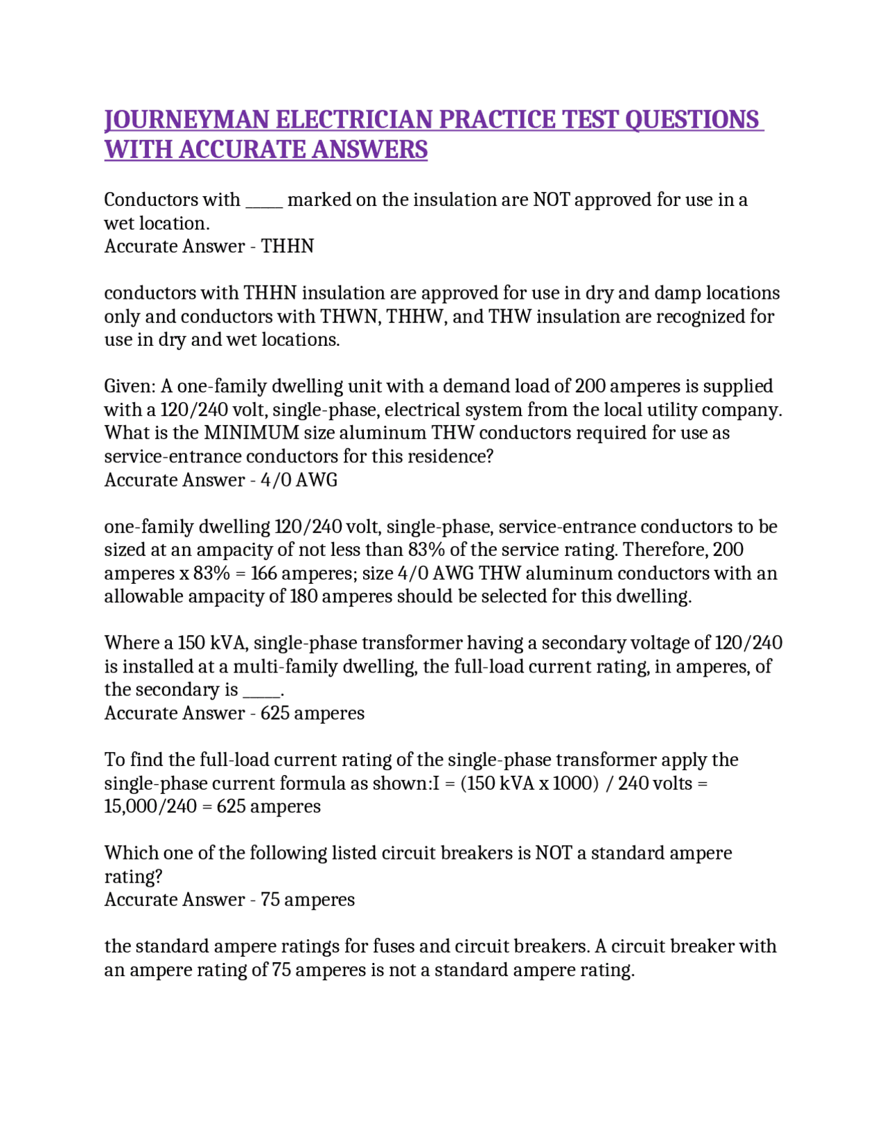 JOURNEYMAN ELECTRICIAN PRACTICE TEST QUESTIONS WITH ACCURATE ANSWERS ...