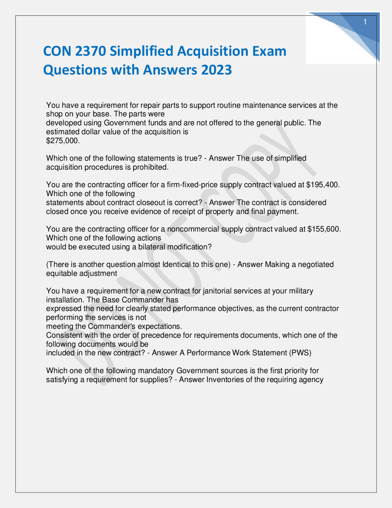 CON 2370 Simplified Acquisition Exam Questions with Answers | Exams ...