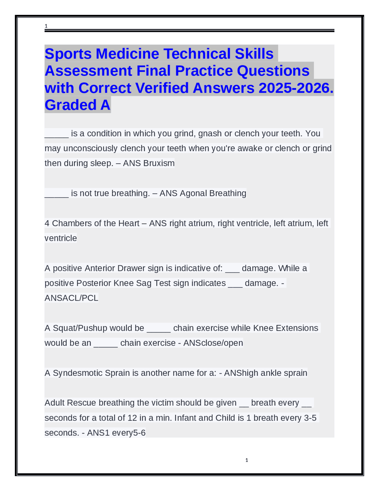 Sports Medicine Technical Skills Assessment Final Practice Questions ...