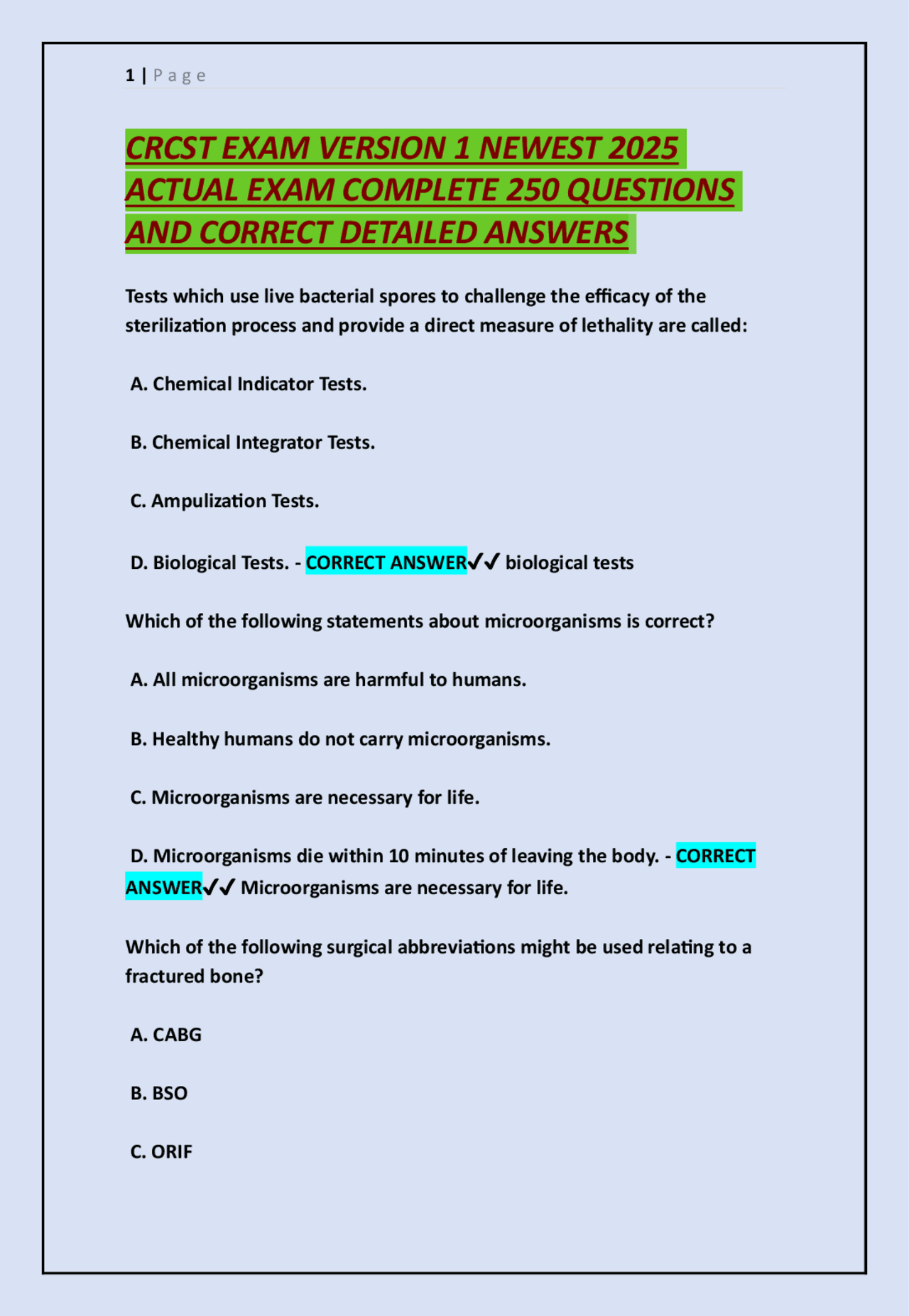 CRCST EXAM VERSION 1 NEWEST 2025 ACTUAL EXAM COMPLETE 250 QUESTIONS AND ...