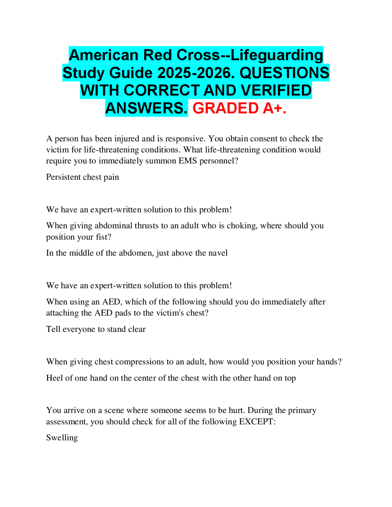 American Red Cross--Lifeguarding Study Guide 2025-2026. QUESTIONS WITH ...