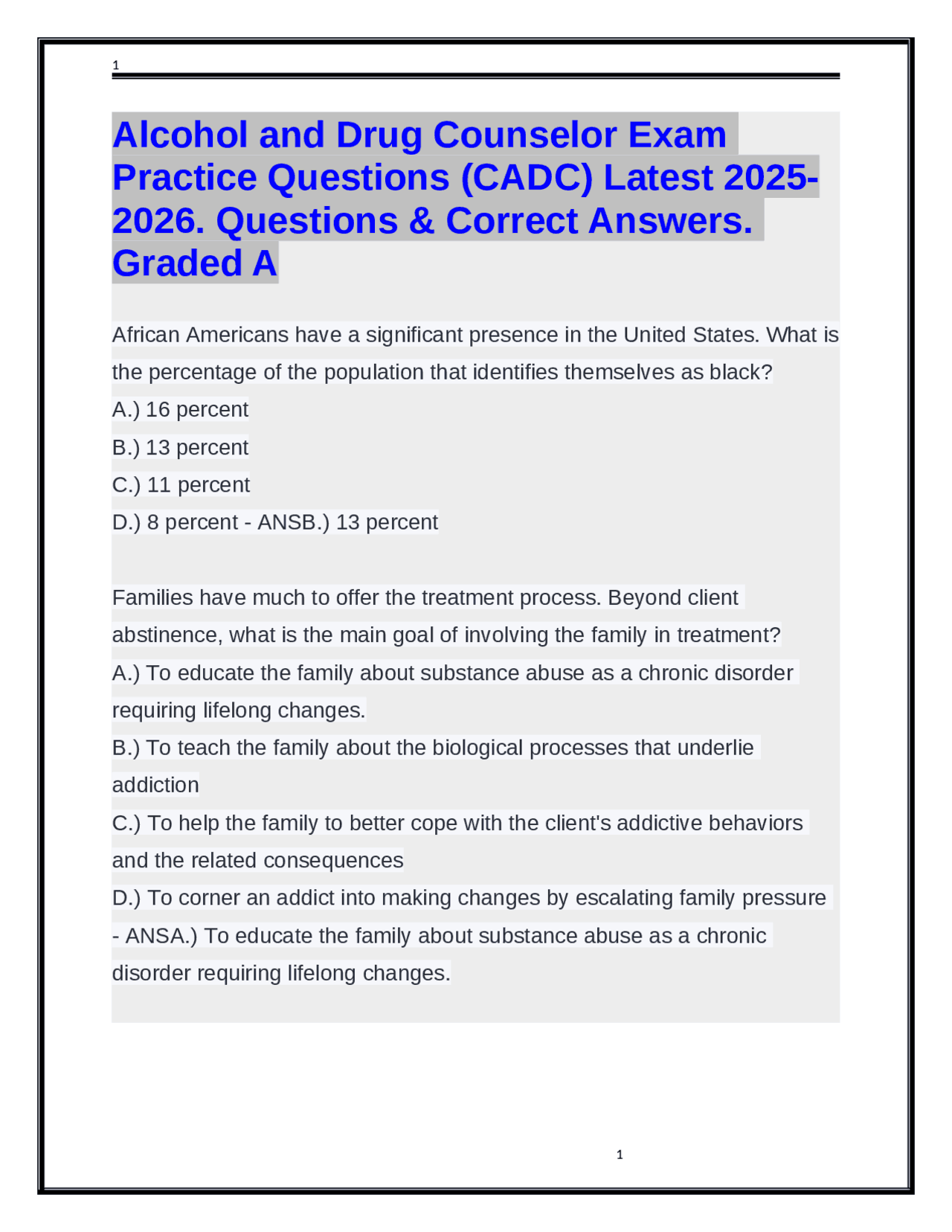 Alcohol and Drug Counselor Exam Practice Questions (CADC) Latest 2025 ...