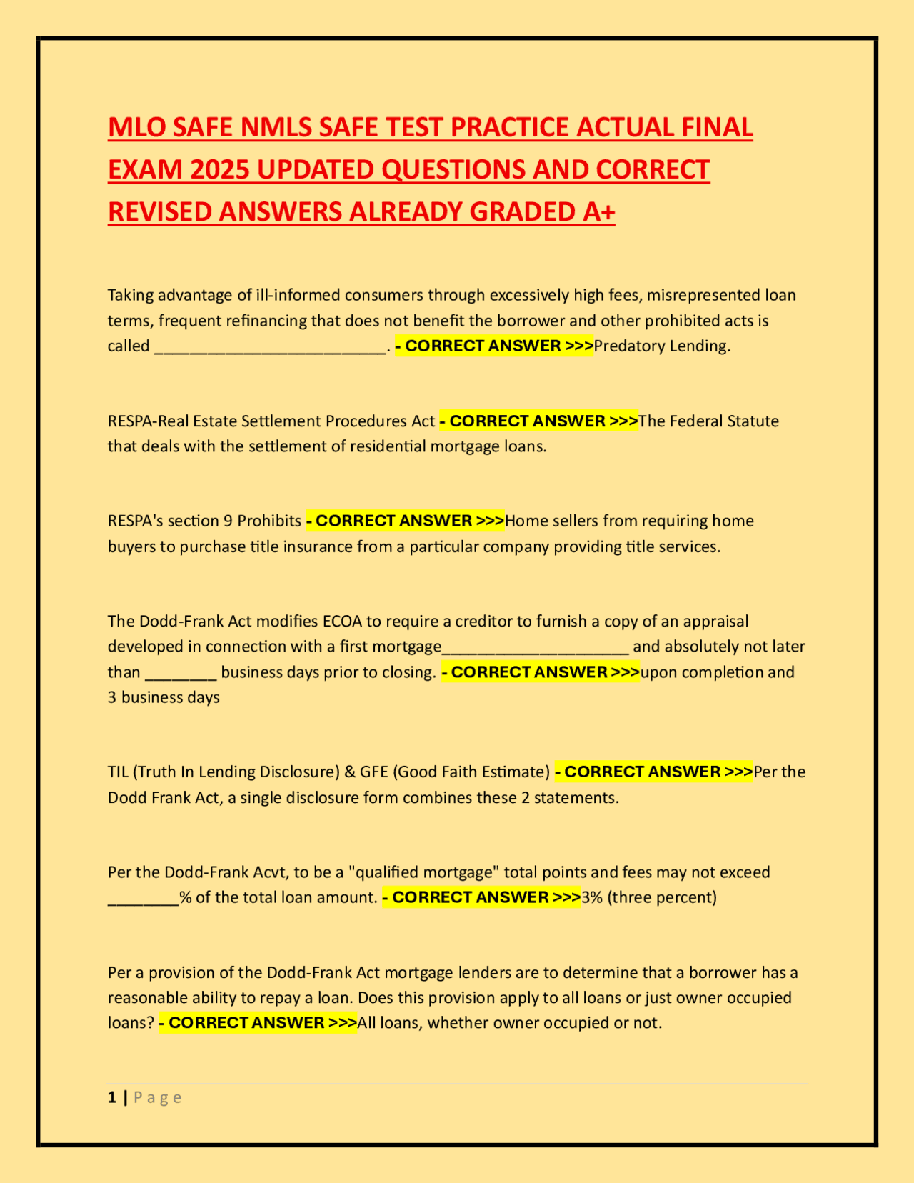 MLO SAFE NMLS SAFE TEST PRACTICE ACTUAL FINAL EXAM 2025 UPDATED ...