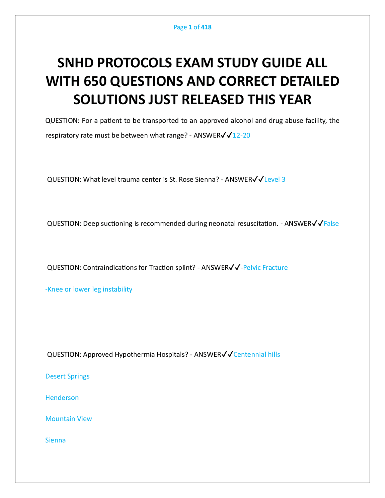 SNHD PROTOCOLS EXAM STUDY GUIDE ALL WITH 650 QUESTIONS AND CORRECT DETAILED SOLUTIONS JUST ...