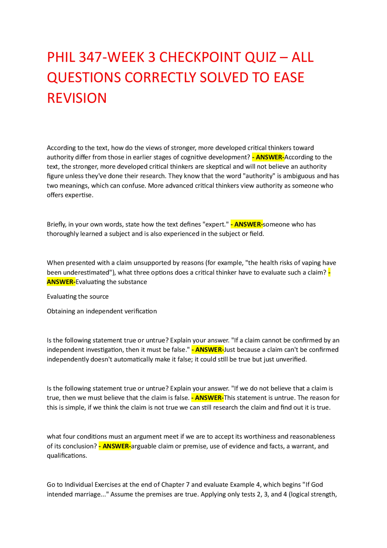 PHIL 347-WEEK 3 CHECKPOINT QUIZ – ALL QUESTIONS CORRECTLY SOLVED TO ...