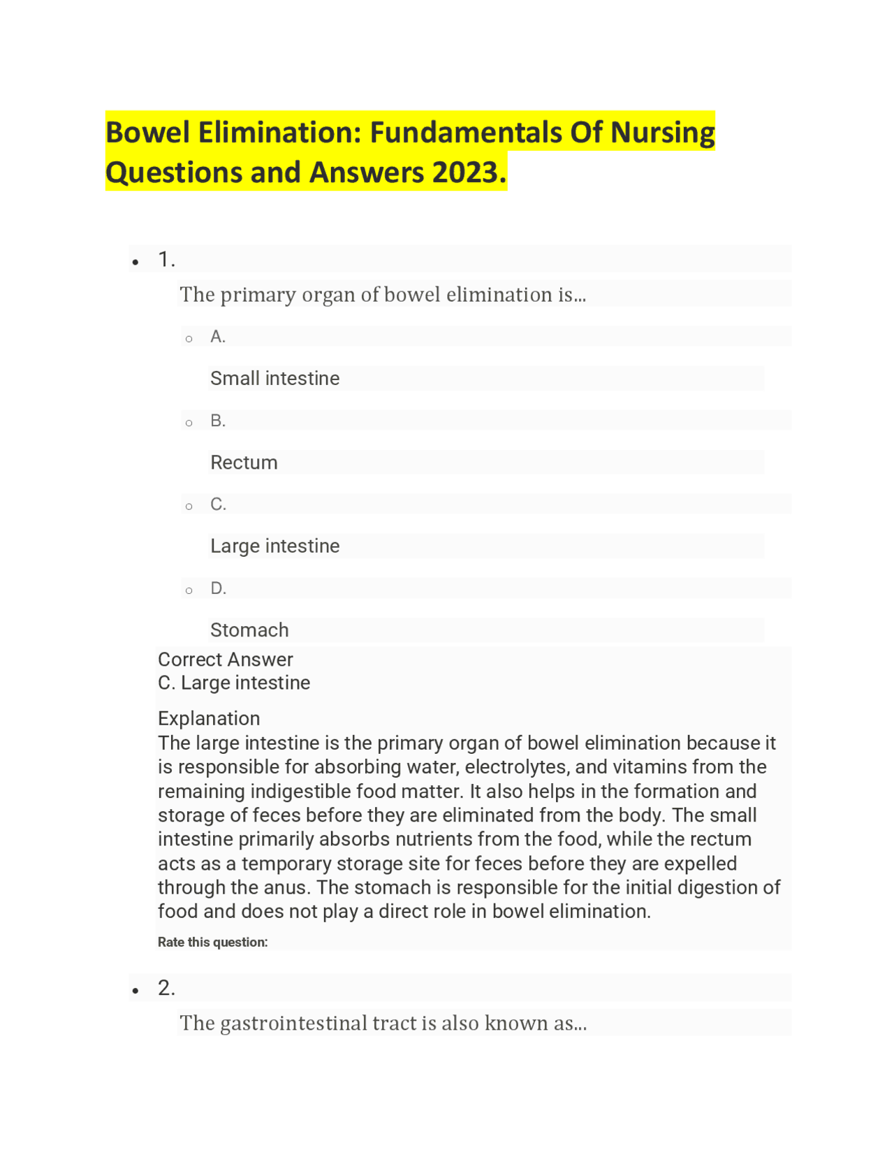 Bowel Elimination Fundamentals Of Nursing Questions and Answers | Exams ...