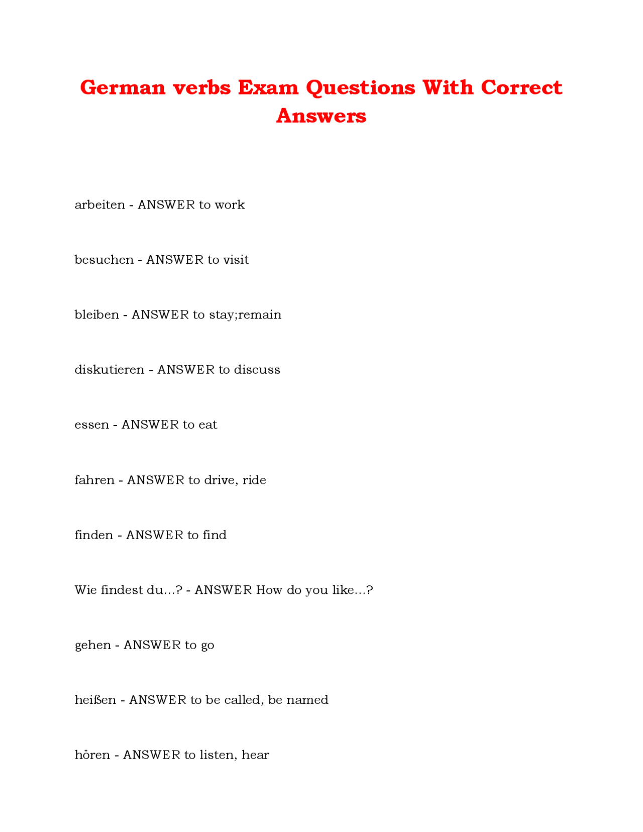 German verbs Exam Questions With Correct Answers | Exams German ...