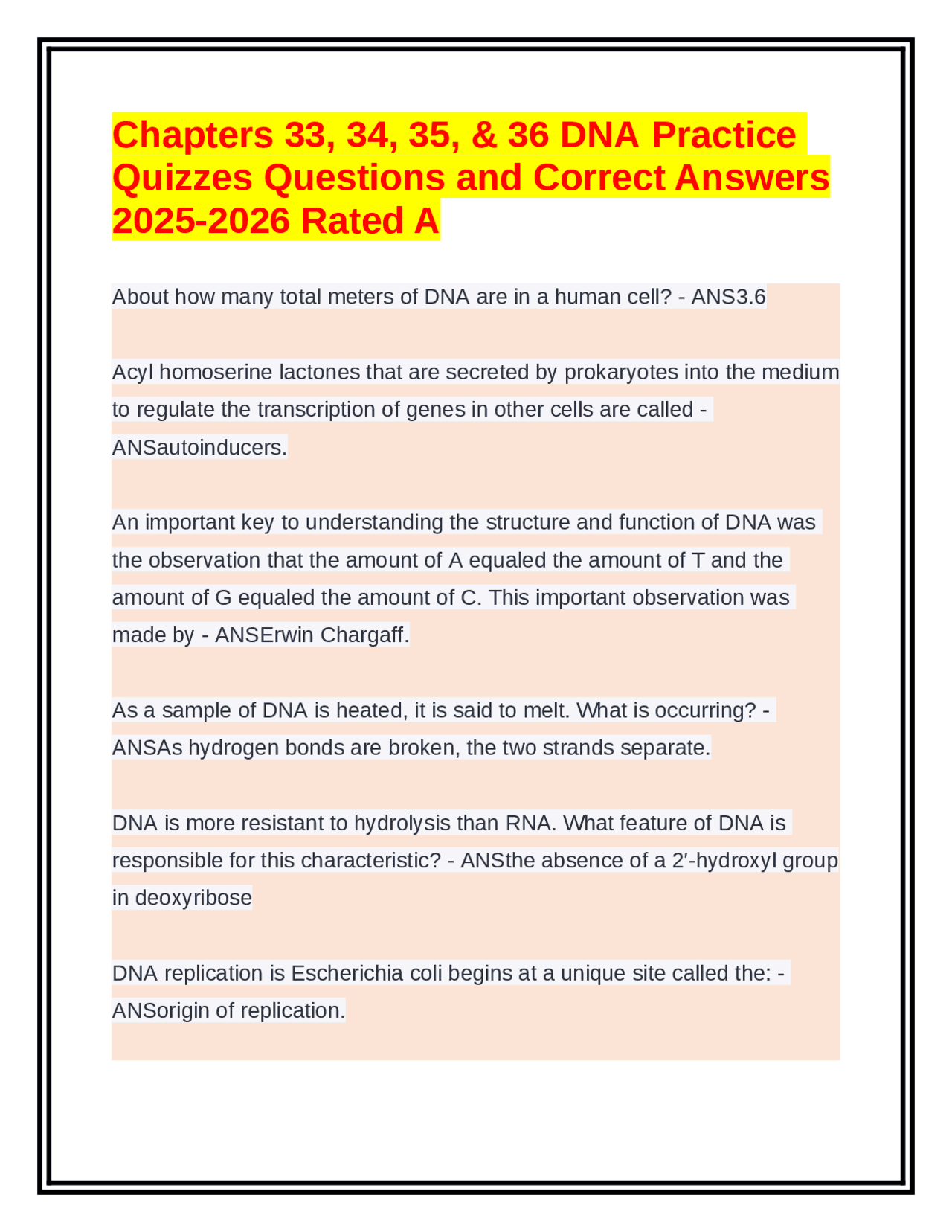 Chapters 33, 34, 35, & 36 DNA Practice Quizzes Q & A 2025-2026 Rated A ...