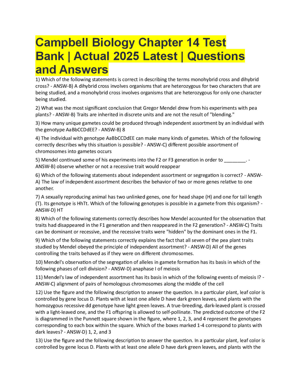 Campbell Biology Chapter 14 Test Bank | Actual 2025 Latest | Questions ...