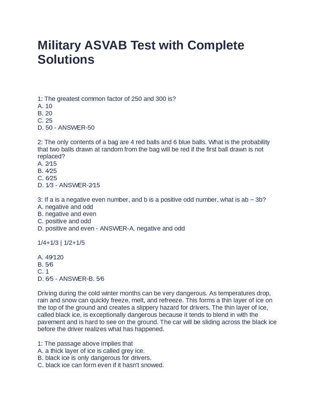 Military ASVAB Test with Complete Solutions | Exams Advanced Education ...