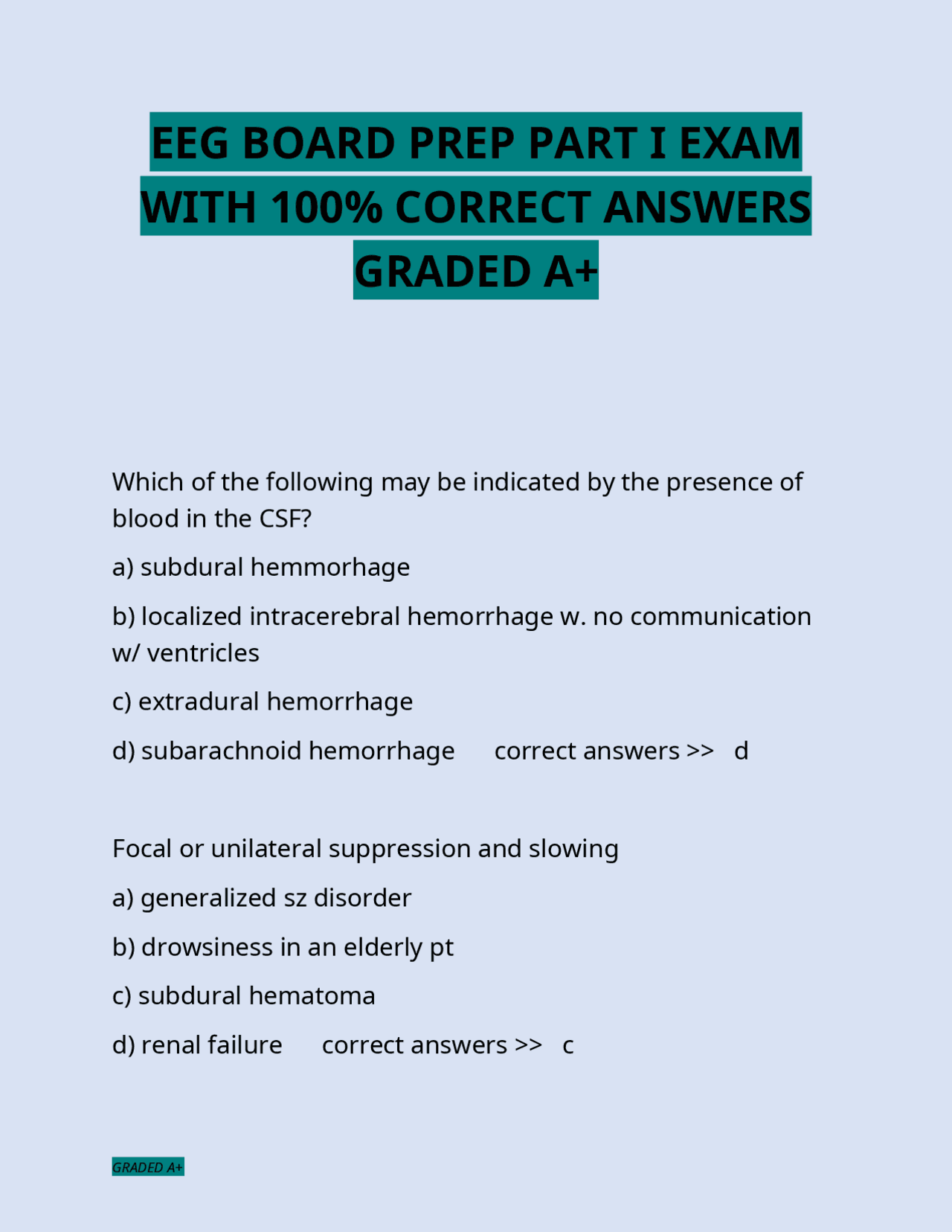 EEG BOARD PREP PART I EXAM WITH 100% CORRECT ANSWERS GRADED A+ | Exams ...