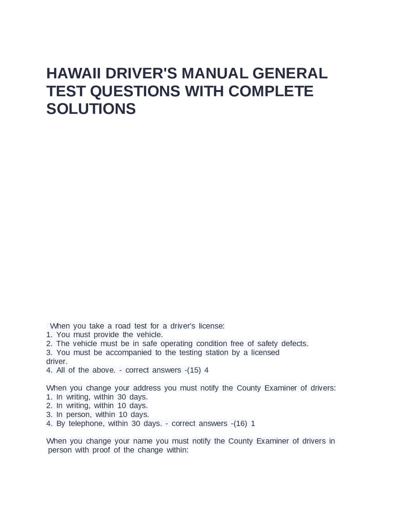 Hawaii Driver's Manual General Test Questions with all needed to pass ...